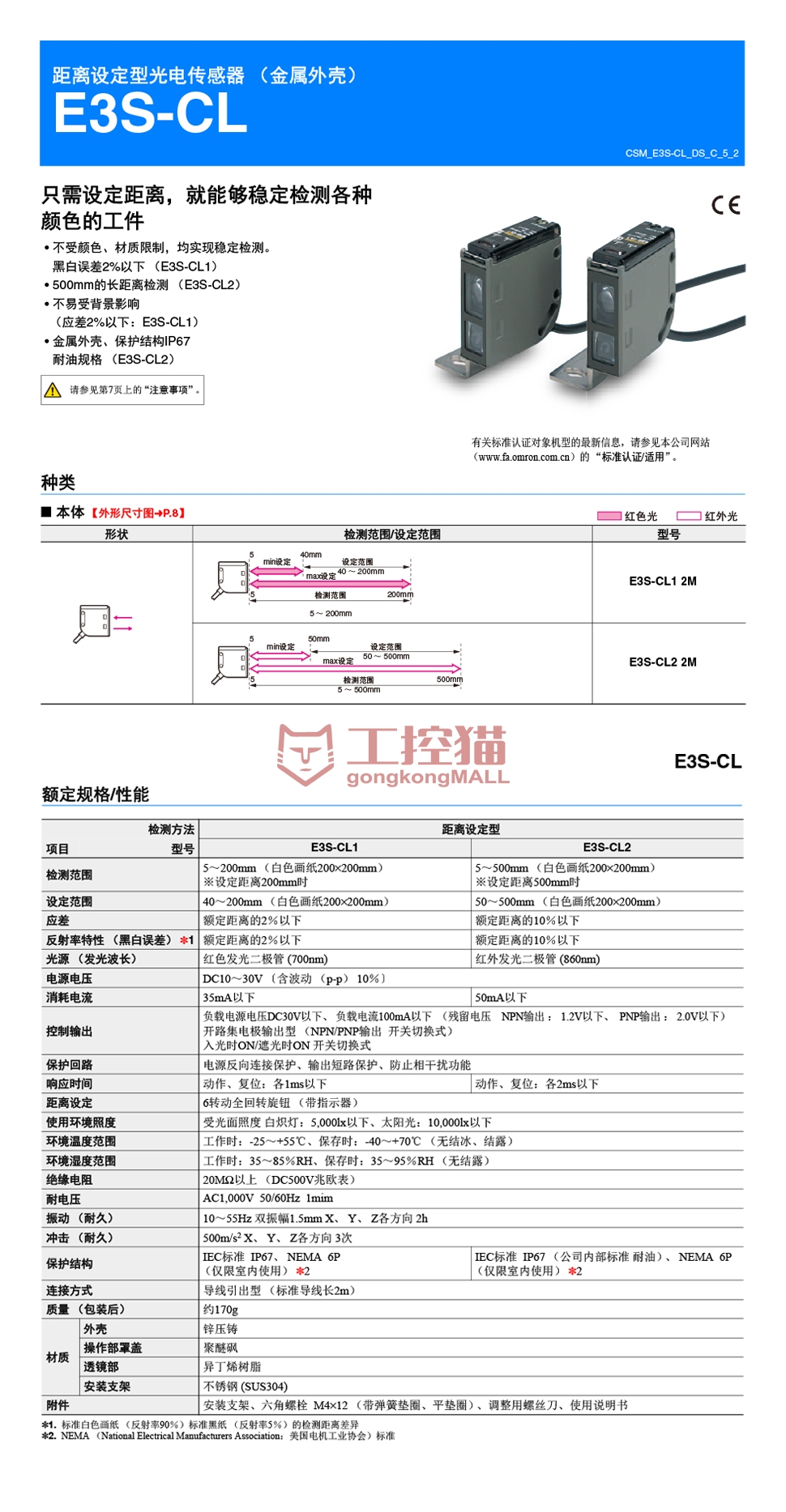 E3S-CL距离设定型光电传感器 金属外壳-工控猫