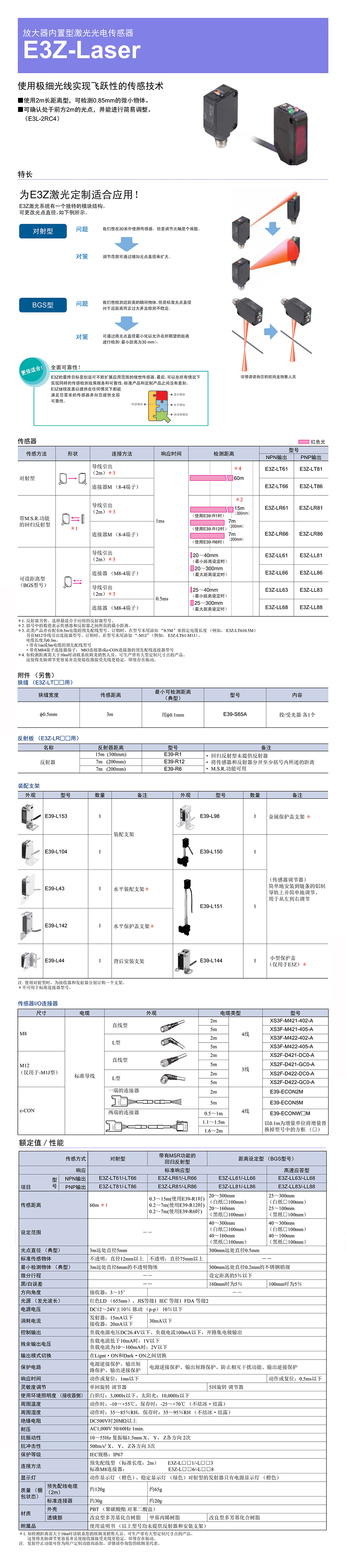 E3Z-LT/LR/LL反射板型激光光电传感器-工控猫